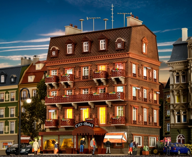 City hotel with interior and LED-lighting - kit - E-trains