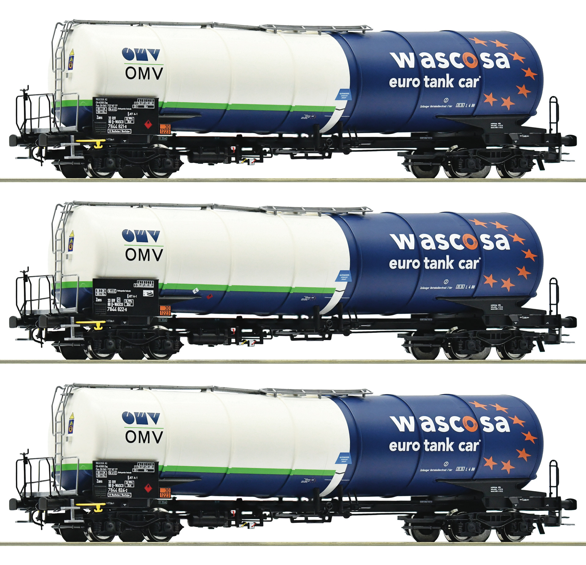 3 piece set: Tank wagons, Wascosa/OMV - E-trains